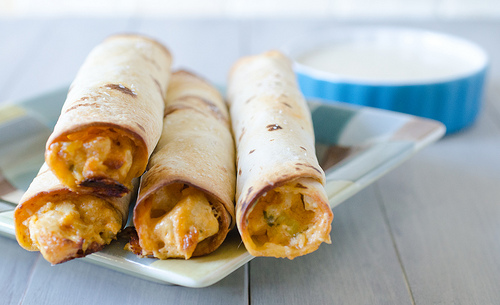 Baked Buffalo Ranch Chicken Taquitos with Blue Cheese Dipping Sauce