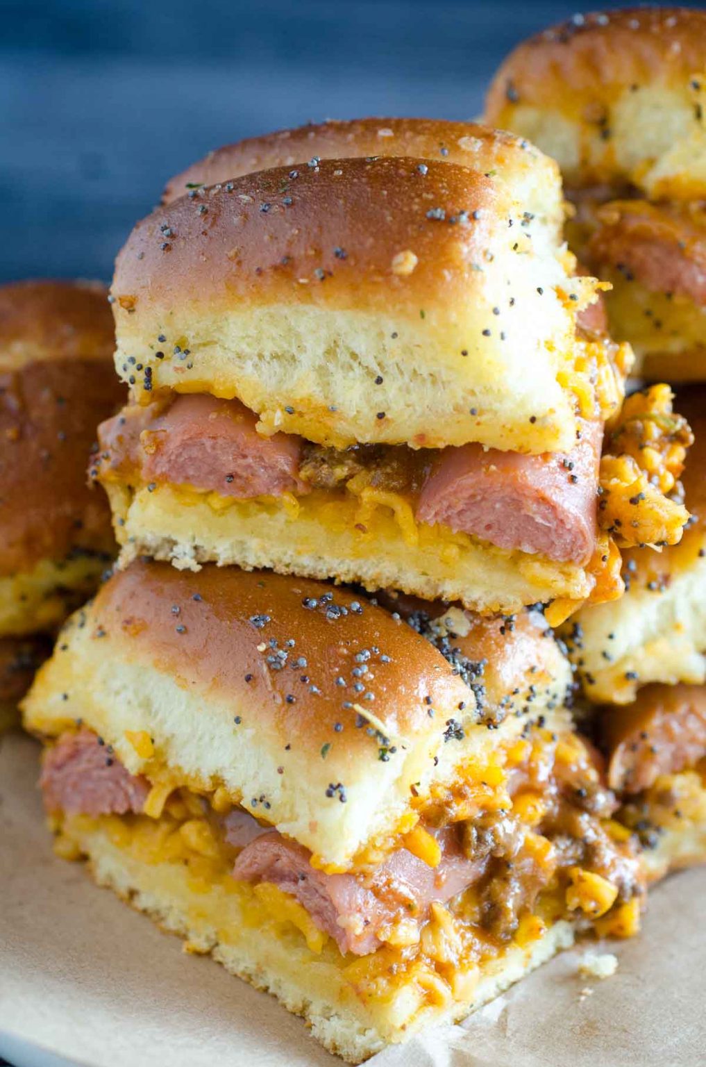 Baked Chili Dog Sliders - Meaty, cheesy, delicious!