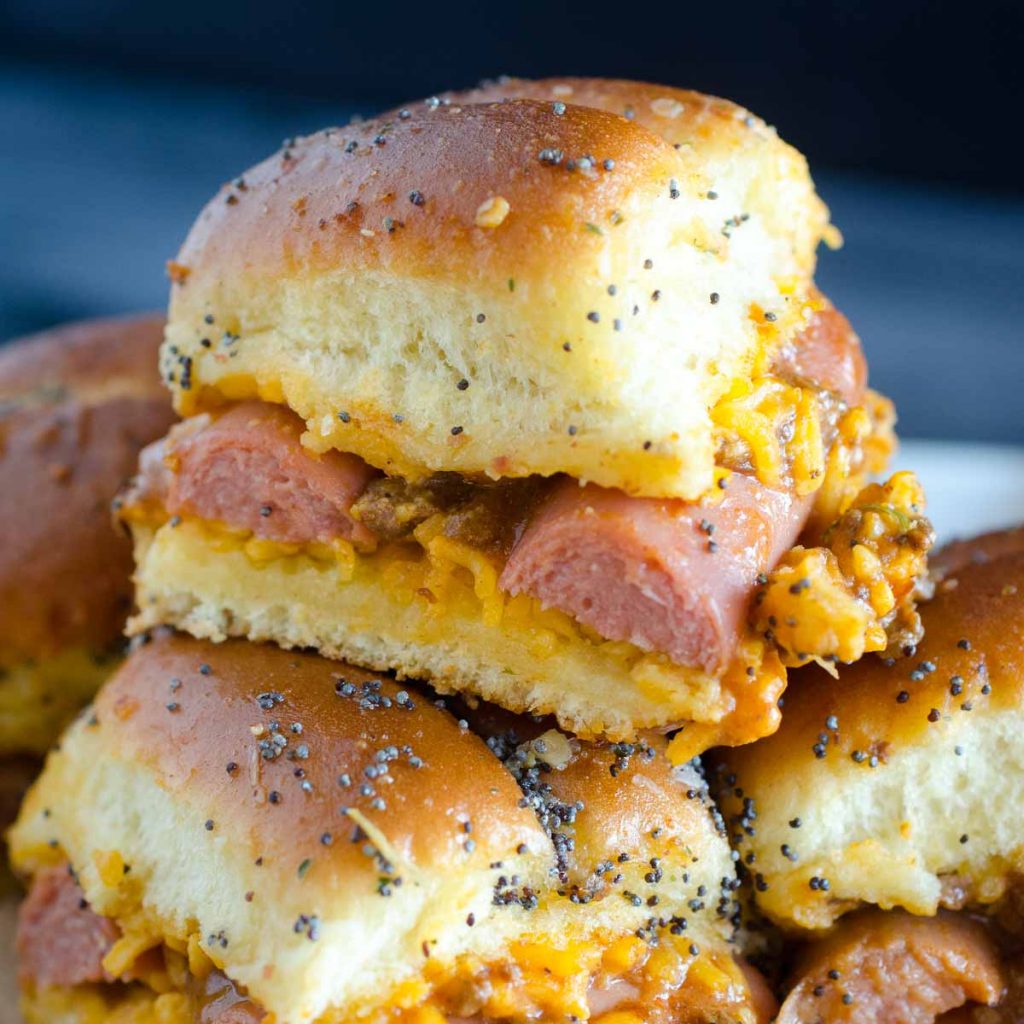 Baked Chili Dog Sliders - Meaty, cheesy, delicious!